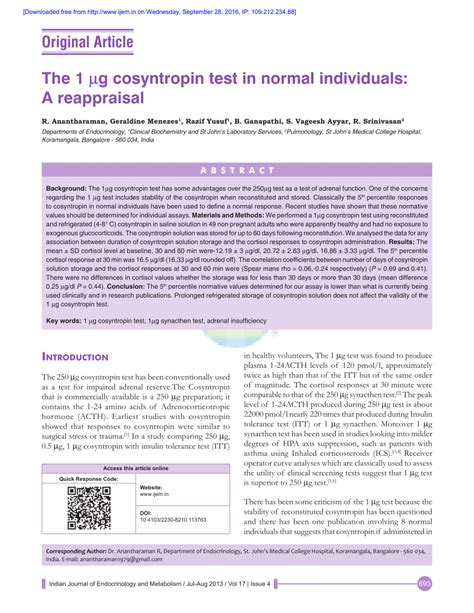 Pdf The 1 μg Cosyntropin Test In Normal Individuals A Reappraisal