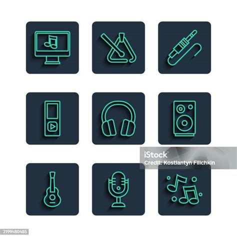 라인 기타 마이크 음표 톤 오디오 잭 헤드폰 플레이어 음악이 있는 컴퓨터 및 스테레오 스피커 아이콘을 설정합니다 벡터 Mp3 플레이어에 대한 스톡 벡터 아트 및 기타 이미지