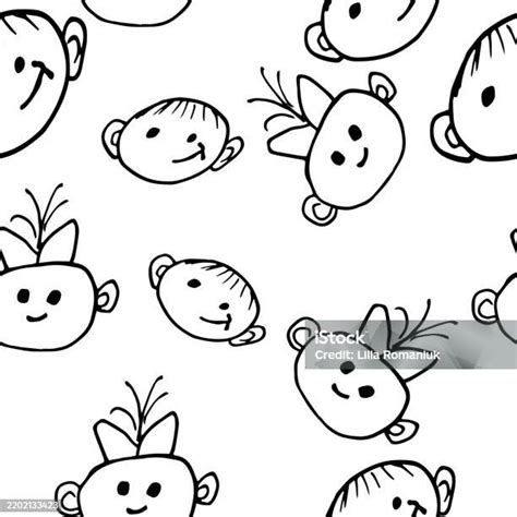 아기 소녀 소년의 머리 감정 미소 벡터 완벽 한 패턴 그래픽 낙서 손으로 그린 일러스트 베이스 섬유 디자인 식기 및 인쇄 2 3 살에 대한 스톡 벡터 아트 및 기타 이미지
