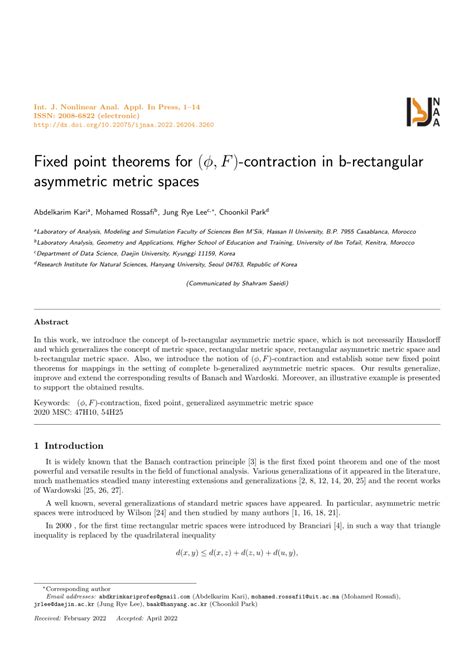 Pdf Fixed Point Theorems For ϕ F Contraction In B Rectangular Asymmetric Metric Spaces
