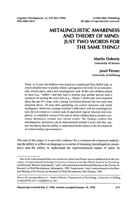 Pdf Metalinguistic Awareness And Theory Of Mind Just Two Words For The Same Thing