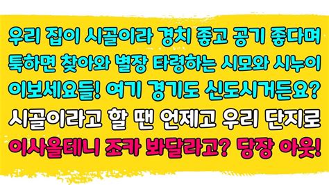 카카오 실화 우리집이 시골이라 경치좋고 공기 좋다며 툭하면 찾아와 별장 타령하는 시모와 시누이 여기 경기도 신도시거든요 우리 단지로 이사올테니 조카 봐 달라고 당장