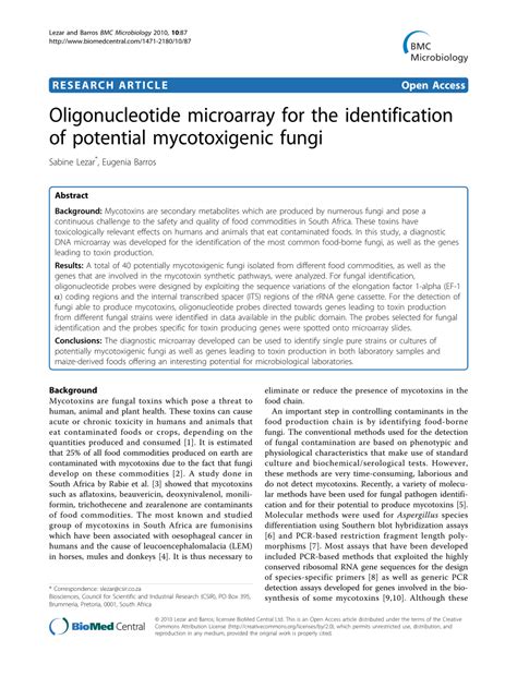 Pdf Oligonucleotide Microarray For The Identification Of Potential Mycotoxigenic Fungi