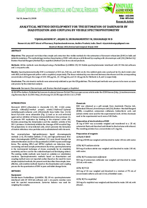 Pdf Analytical Method Development For The Estimation Of Darunavir By Diazotization And