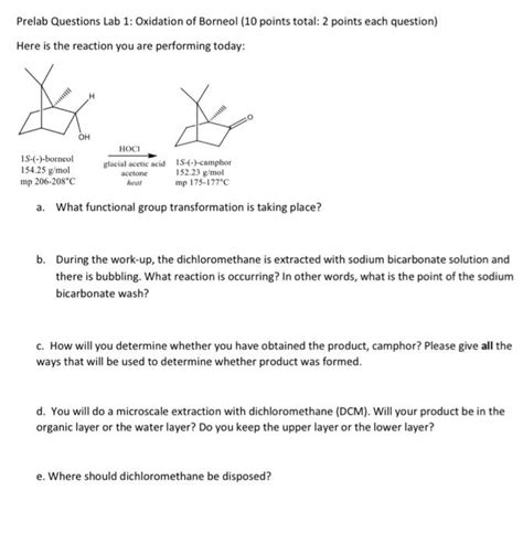 Solved Prelab Questions Lab 1 Oxidation Of Borneol 10