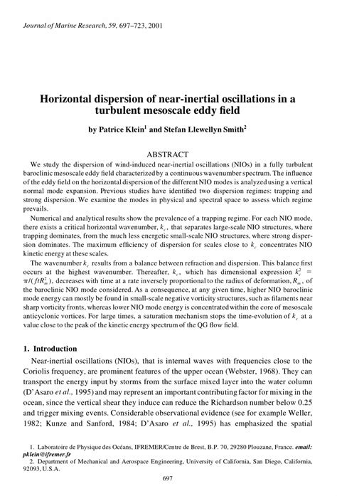 Pdf Horizontal Dispersion Of Near Inertial Oscillations In A Turbulent Mesoscale Eddy Field