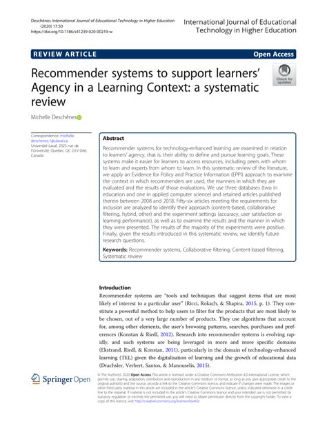 Pdf Recommender Systems To Support Learners Agency In A Learning Context A Systematic Review