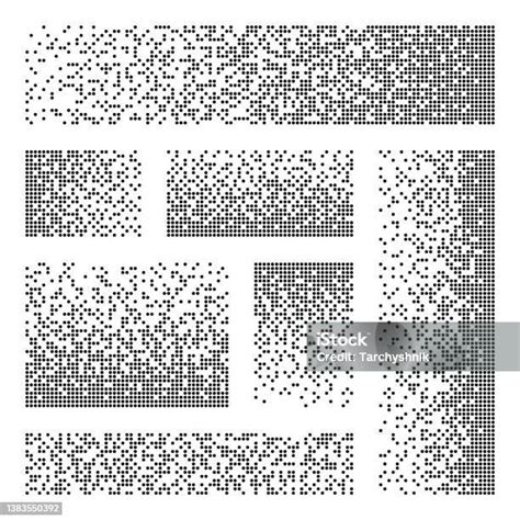 픽셀 분해 붕괴 효과 둥근 모양으로 만들어진 다양한 직사각형 요소 분산 된 점선 패턴 간단한 입자가 있는 모자이크 텍스처 벡터 일러스트레이션 가리키기에 대한 스톡 벡터 아트