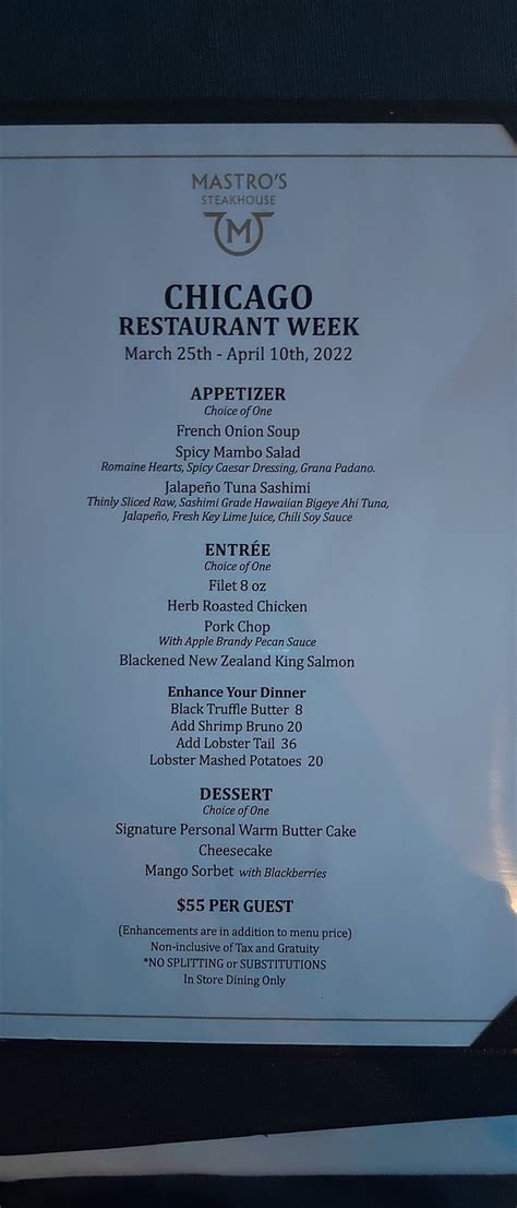 Menu At Mastros Steakhouse Chicago