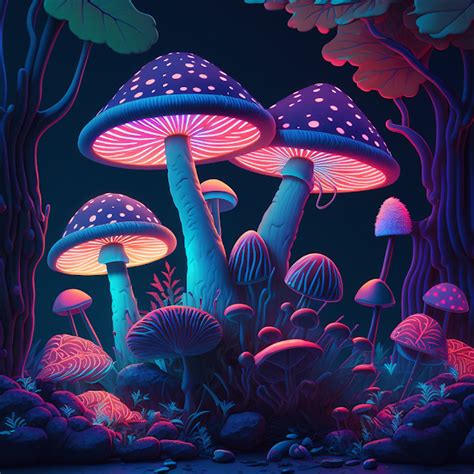 Mushrooms Neon Mushroom Wall Art Psychedelic Style Mushrooms Digital