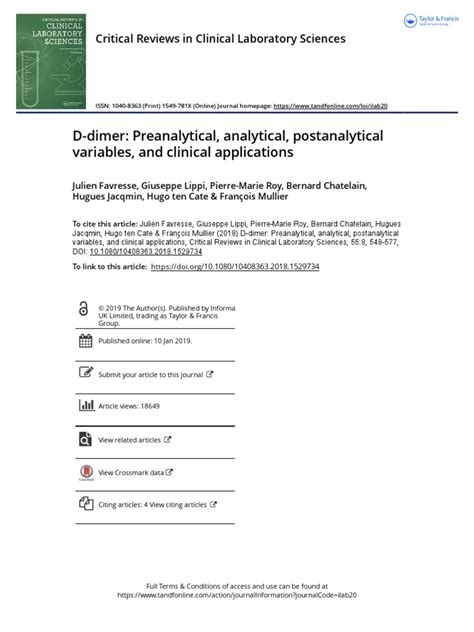 D Dimer Preanalytical Analytical Postanalytical Variables And Clinical