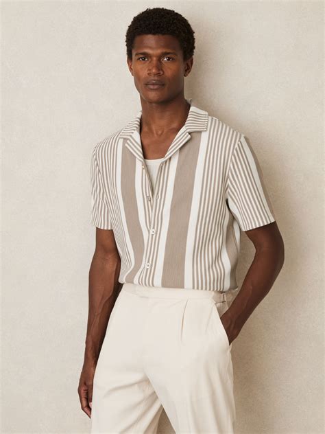 Reiss Stripe Ribbed Cuban Collar Shirt In Oatmealwhite Reiss