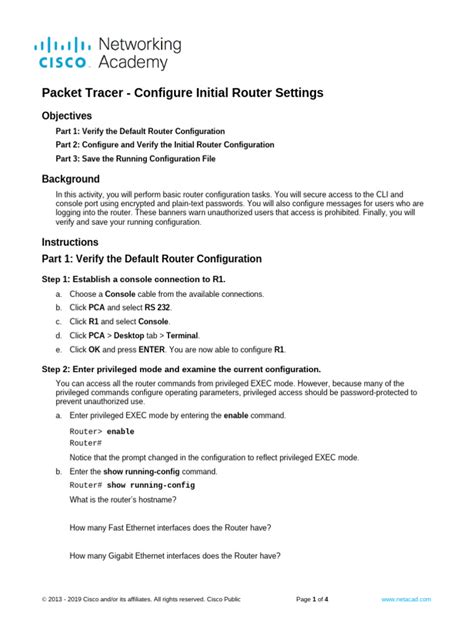 10 1 4 Packet Tracer Configure Initial Router Settings Pdf