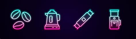 세트 라인 커피 콩 전기 주전자 설탕 스틱 패킷 및 커피 분쇄기 빛나는 네온 아이콘 벡터 0명에 대한 스톡 벡터 아트 및 기타 이미지 Istock