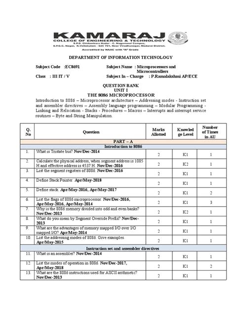 Ec8691 Unit 1 Question Bank Pdf Assembly Language Computer Engineering