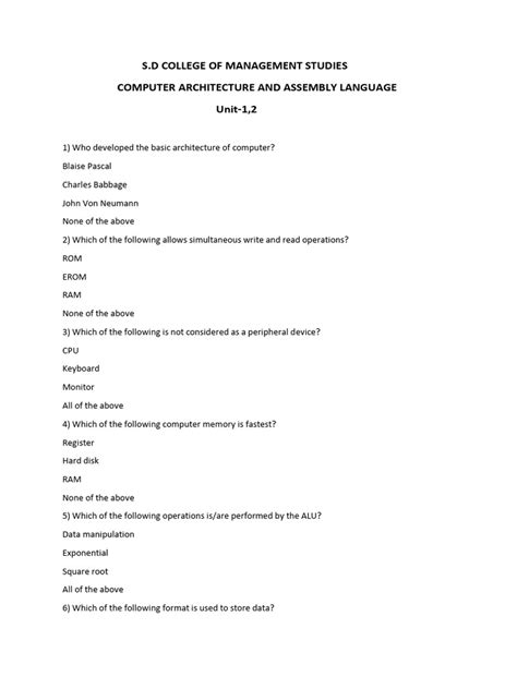 Computer Architecture Unit 1 2 Practice Questions Pdf Byte Computer Data Storage