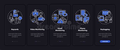 Types Of Employee Monitoring Dark Onboarding Mobile App Page Screen Stock Vector Illustration
