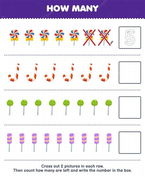 어린이를 위한 교육 게임은 얼마나 많은 만화 사탕을 세고 상자에 인쇄 가능한 음식 워크시트에 숫자를 씁니다 프리미엄 벡터