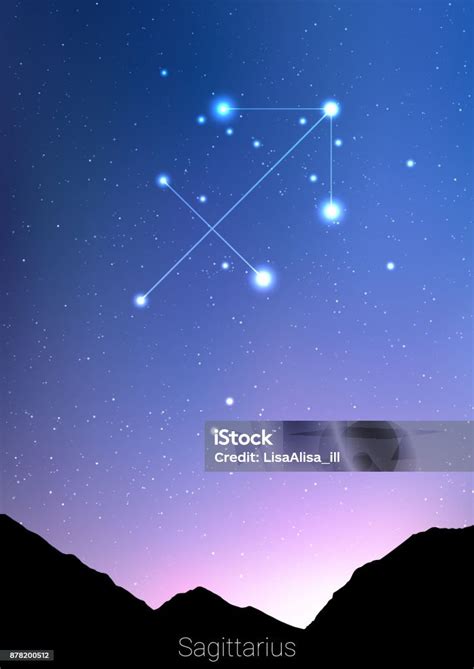 궁수자리 조디악 별자리 갤럭시와 뒤에 공간 아름 다운 밤하늘에 숲 풍경 실루엣으로 서명합니다 깊은 우주 배경에 궁수자리 별자리