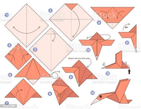 펠리컨 종이 접기 계획 튜토리얼 이동 모델 아이들을위한 종이 접기 귀여운 종이 접기 새를 만드는 방법을 단계별로 설명합니다 0명에 대한 스톡 벡터 아트 및 기타 이미지