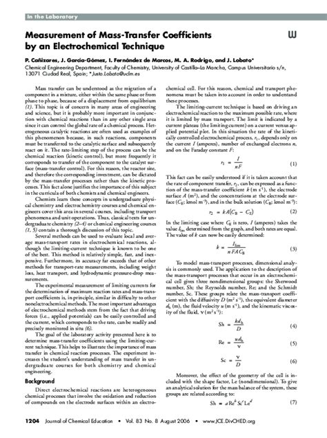 Pdf Measurement Of Mass Transfer Coefficients By An Electrochemical