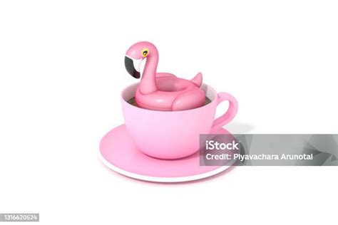 핑크 플라밍고 플로트 열대 조류 모양풍선 수영장 링은 흰색 배경 3d 렌더링에 핑크 커피 컵에 떠있습니다 3d 일러스트 여름과