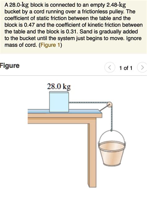 solved a 28 0 kg block is connected to an empty 2 48 kg bucket by a cord running over a