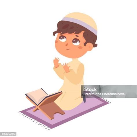 무슬림 소년은 기도하고 전통적인 이슬람 모자를 쓰고 무릎을 꿇고 기도하는 드레스를 입은 아이 기도하기에 대한 스톡 벡터 아트 및