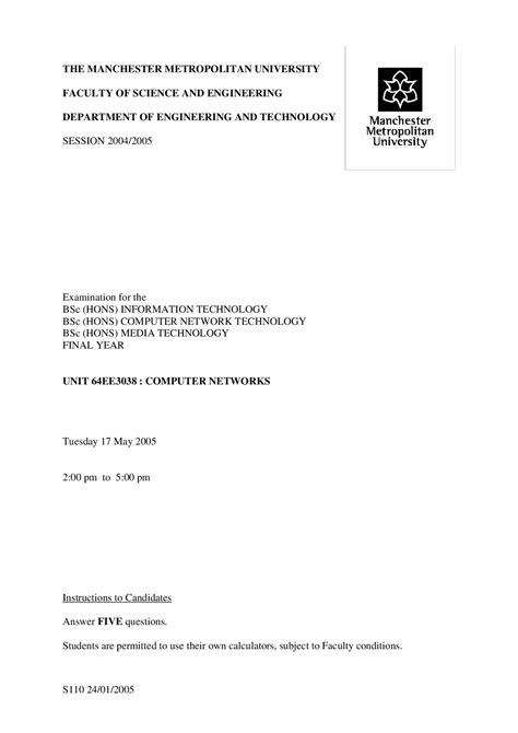 Computer Networks 2004 2005 Exam Electrical Engineering Docsity