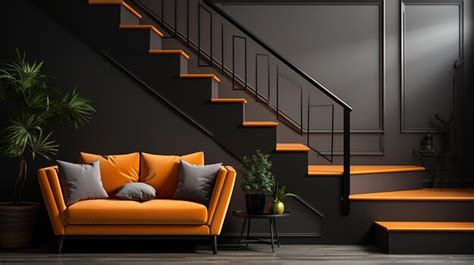계단과 빈 검은색 모의 벽 배경 3d 렌더링을 갖춘 현대적인 인테리어 디자인 프리미엄 사진