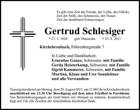 Traueranzeigen Von Gertrud Schlesiger Trauernnde