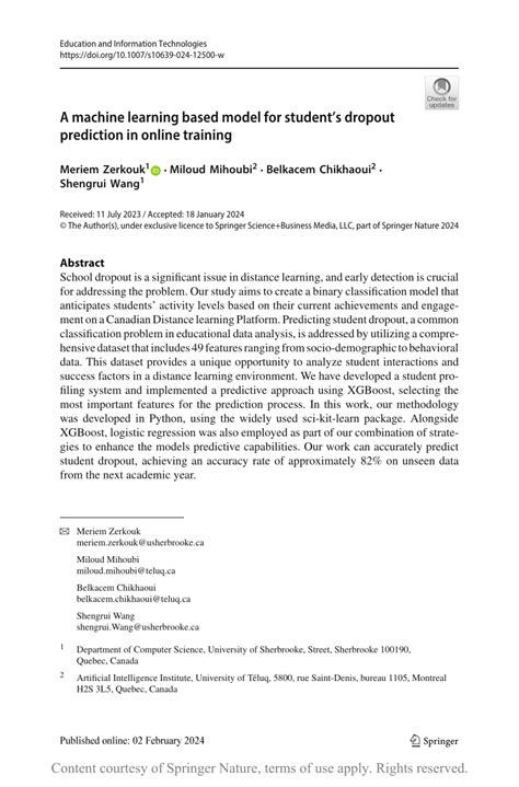 A Machine Learning Based Model For Students Dropout Prediction In Online Training Request Pdf