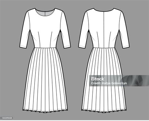 팔꿈치 소매 몸에 맞는 무릎 길이 스커트와 주름 장식 기술 패션 일러스트 플랫 의류 전면 0명에 대한 스톡 벡터 아트 및 기타 이미지 Istock
