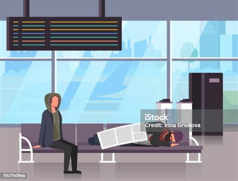 두 노숙자 사람 남자와 여자 문자 공항 기차역에서 자 고 사회 노숙자 빈곤 개념입니다 벡터 평면 만화 그래픽 디자인 일러스트 레이 션 공항에 대한 스톡 벡터 아트 및 기타