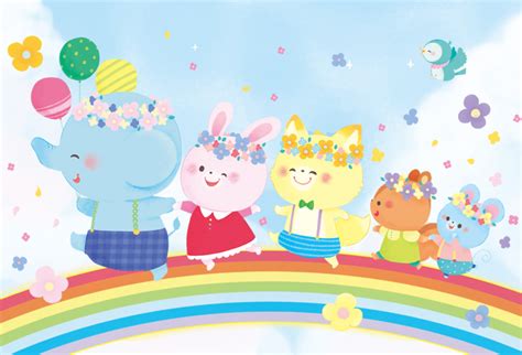可愛い動物たちが連なって楽しく虹を渡るイラスト 虹の橋 イラストレーターちこ fuwawa