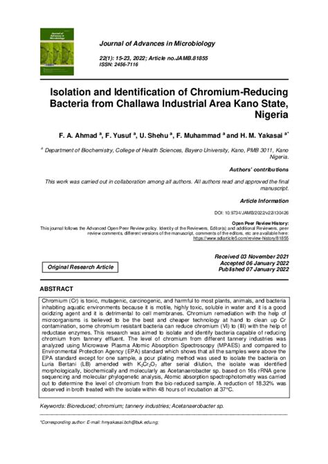 Pdf Isolation And Identification Of Chromium Reducing Bacteria From Challawa Industrial Area