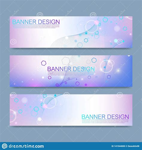 Abstract Molecules Banners Set With Lines Dots Circles Polygons Vector Design Network
