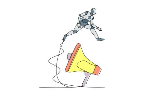 Single Continuous Line Drawing Robot Jumping Over Big Megaphone Loudspeaker Technology