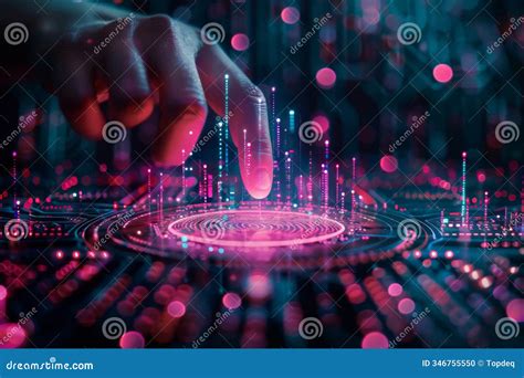 Finger Touching Digital Fingerprint Scanner On Glowing Virtual Keyboard Identification Concept