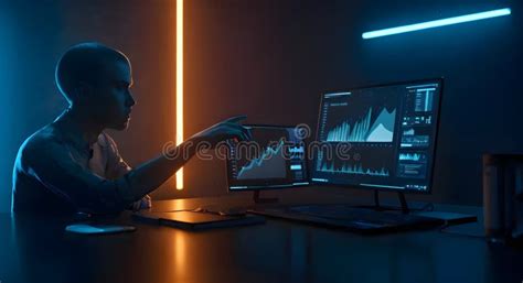 Stock Market Trader Analyzing Financial Data Multiple Screens Dark Room