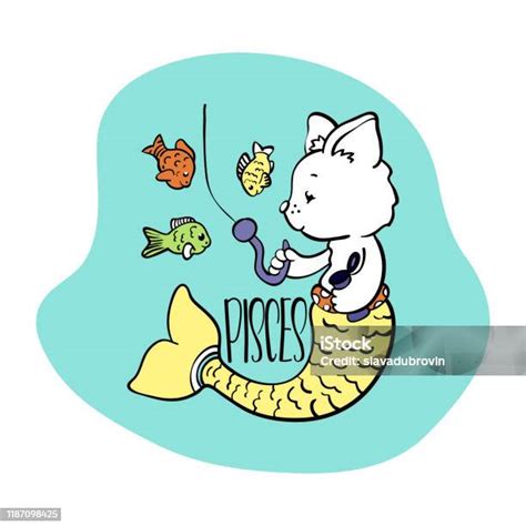 귀여운 고양이 캐릭터와 물고기 자리 점성술 조디악 기호 고양이 조디악 아이콘입니다 새끼 고양이 물고기 자리 스티커입니다 베이비 샤워 또는 생일 인사말 카드 3월에 대한 스톡