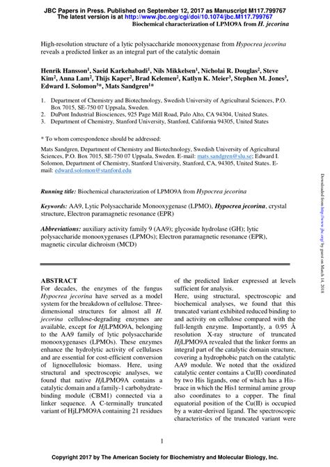 Pdf High Resolution Structure Of A Lytic Polysaccharide Monooxygenase From Hypocrea Jecorina