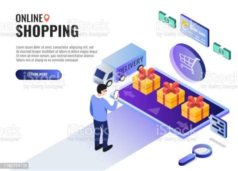 온라인 쇼핑 개념입니다 사용자는 온라인으로 선물을 구입합니다 웹 배너 인포 그래픽 아이소메트릭 벡터 그림입니다 3차원 형태에 대한 스톡 벡터 아트 및 기타 이미지 Istock