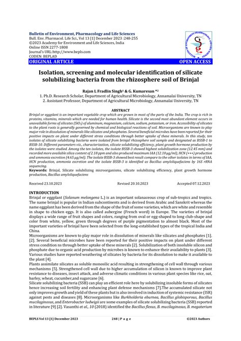 Pdf Isolation Screening And Molecular Identification Of Silicate Solubilizing Bacteria From