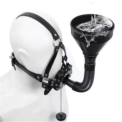 Leather Harness Open Mouth Gag Funnel Slave Restraints Head Hood