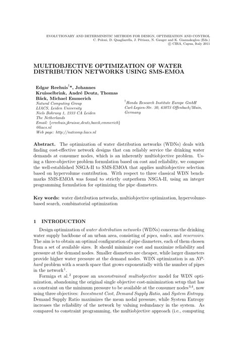 Pdf Multiobjective Optimization Of Water Distribution Networks Using Sms Emoa