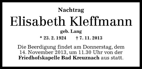 Traueranzeigen Von Elisabeth Kleffmann Rz Trauer De