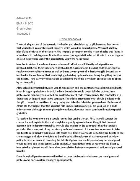 Ethical Scenario 4 Adam Smith Ema 4348 Greg Ingham 1121 Ethical