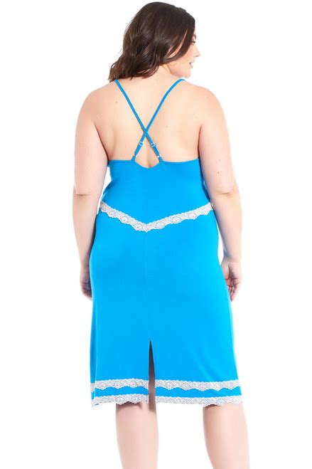 Plus Size Blue Lace Trim Chemise Spicy Lingerie