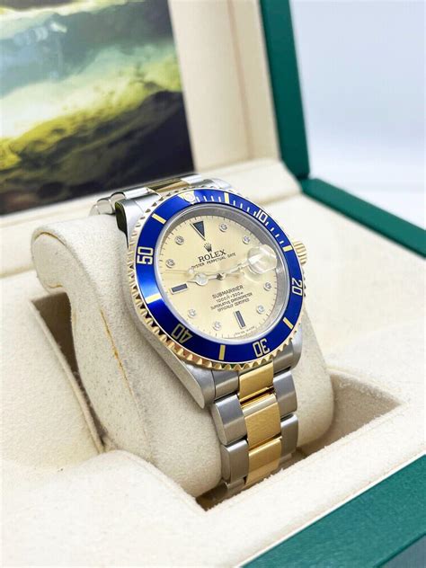 Rolex Submariner 16613 Champagne Serti Dial 18k Yellow Gold Steel Box